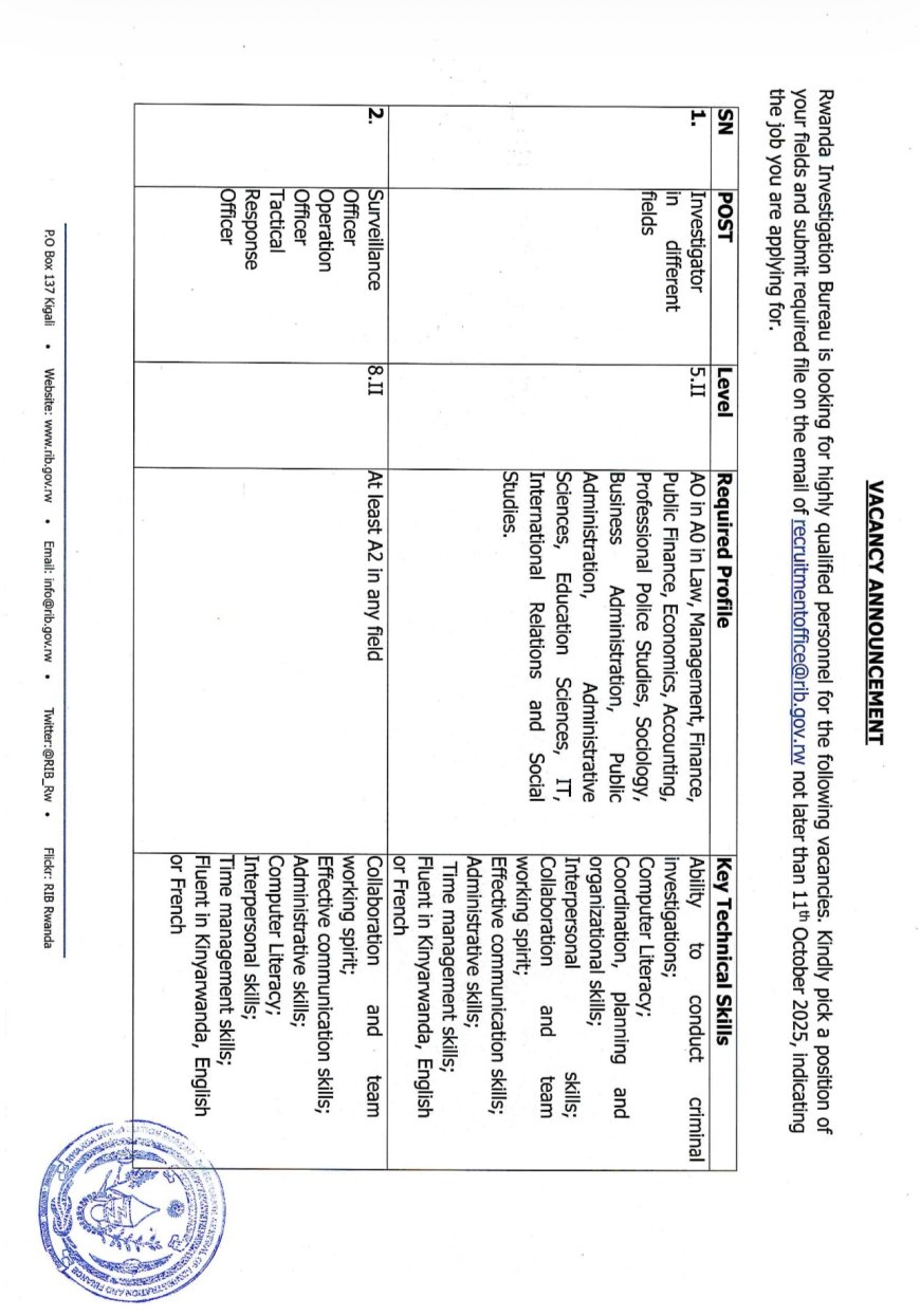 Imyanya itandukanye y’akazi muri Rwanda Investigation Bureau (Deadline ...